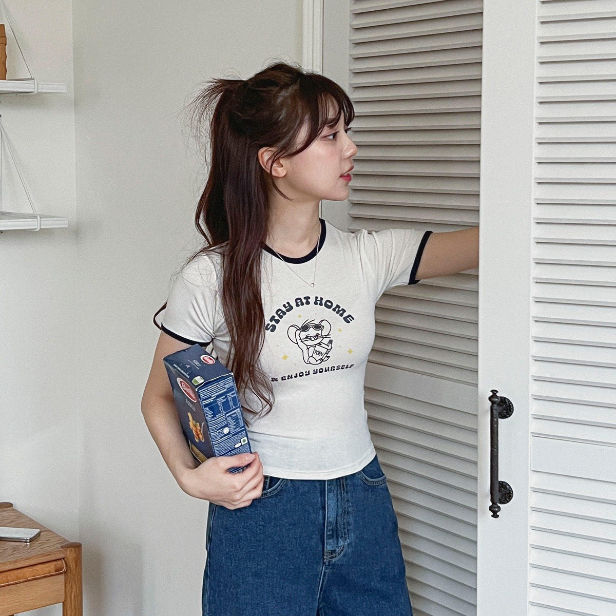 スリムフィット配色クロッププリントTシャツ | Haruru