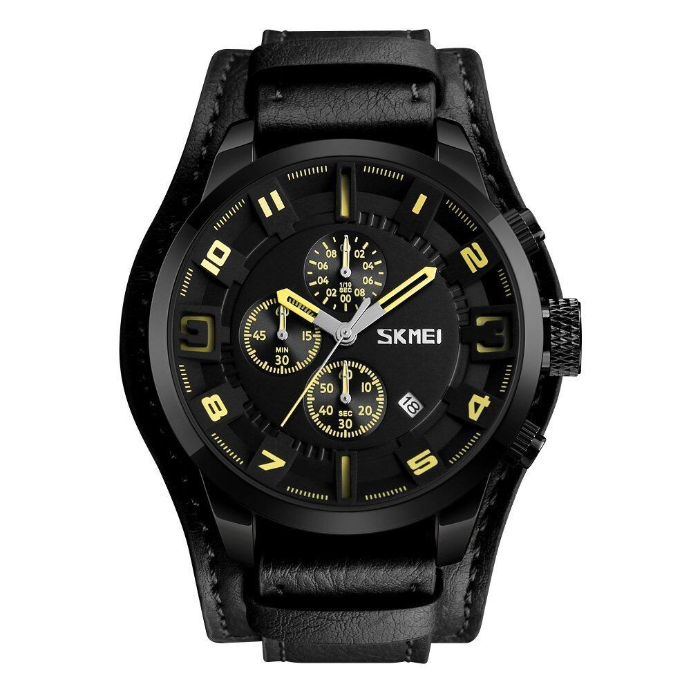 MASTOP メンズ ワイド レザー カフ スポーツウォッチ アナログ クォーツ時計 防水 クロノグラフ ウォッチ (イエローマーカー) 並行 ...