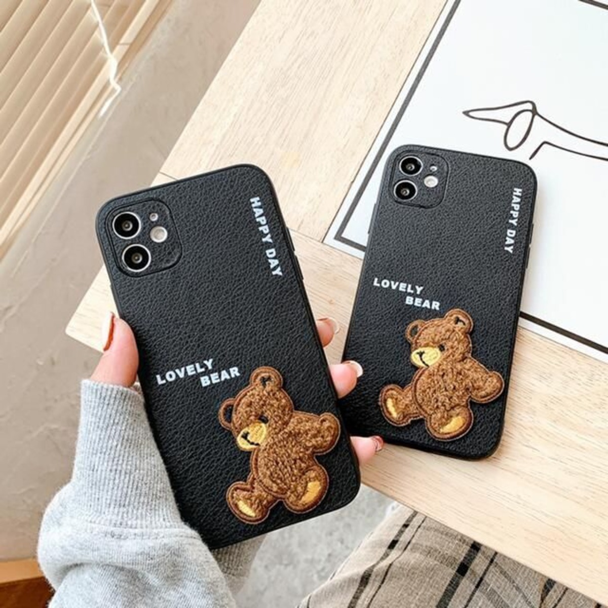 iPhone13pro 対応 クマ レザー カバー スマホケース ブラック | Ruru &Suzaku