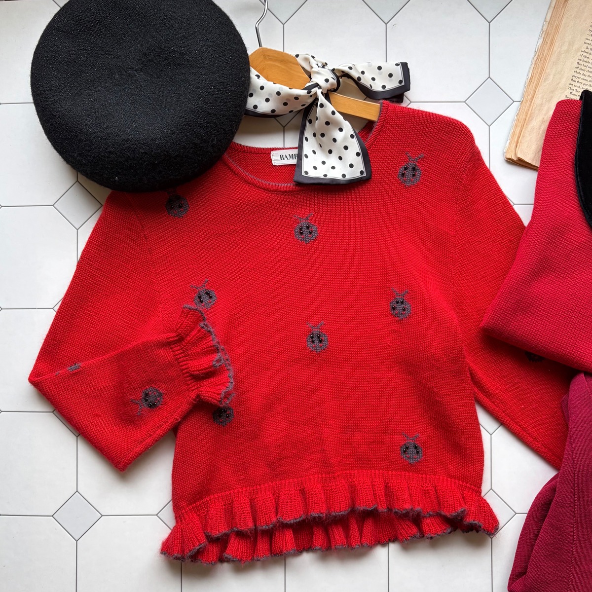 Ladybug Motif Ruffled Knit 〈レトロ古着 てんとう虫モチーフ フリルセーター ジャパンヴィンテージ Japan ...