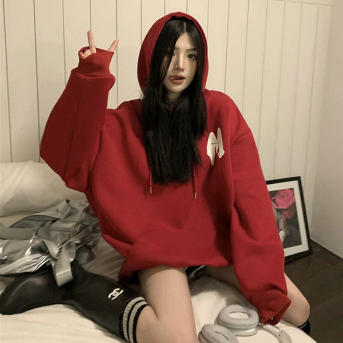 Big Red Five 2023 秋冬ヨーロッパルーズフードレスラウンドネックプルオーバープラスベルベット厚みのあるトップ レッド オータム ...