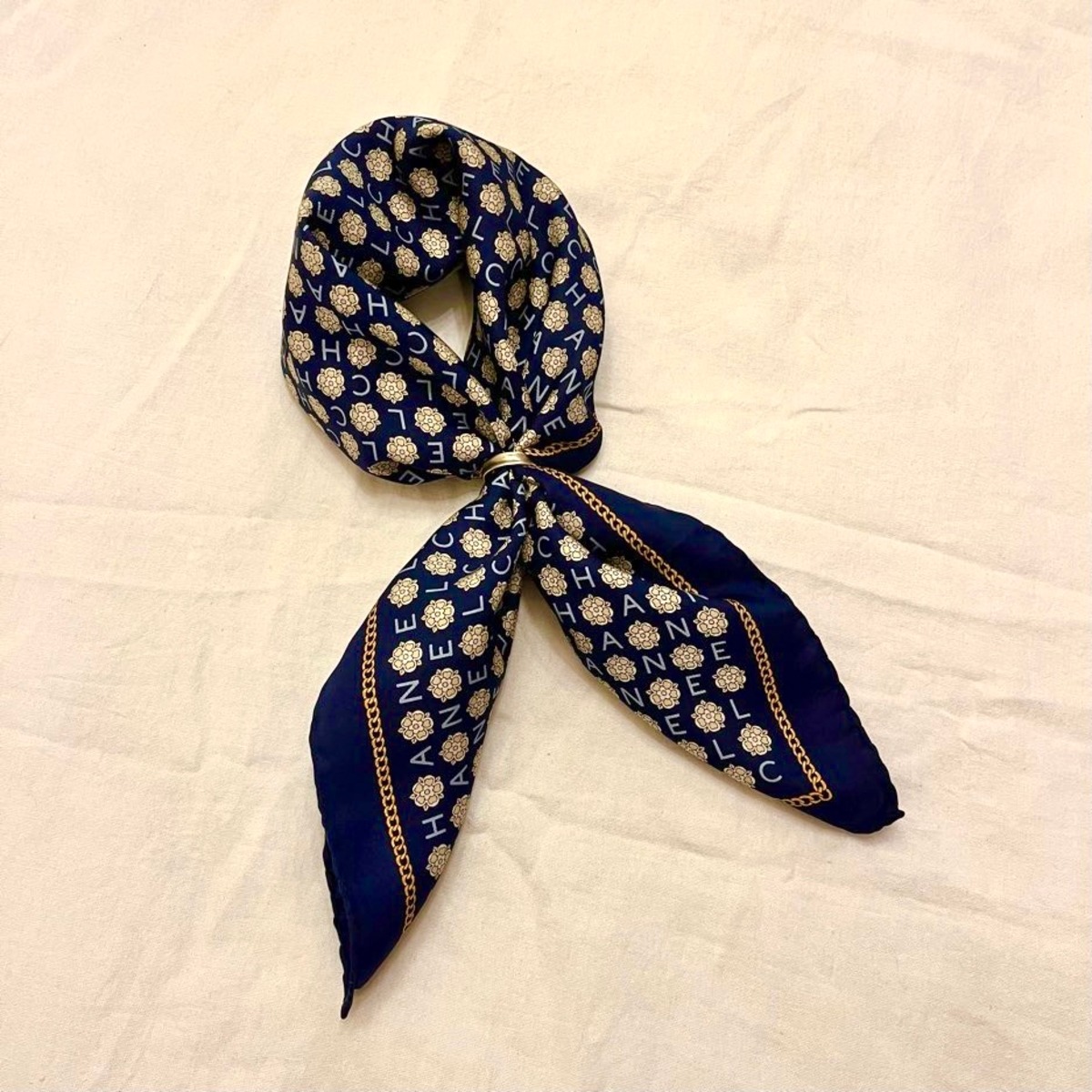 CHANEL "Logo x Flower" Mini Scarf -Navy- | CARBOOTS