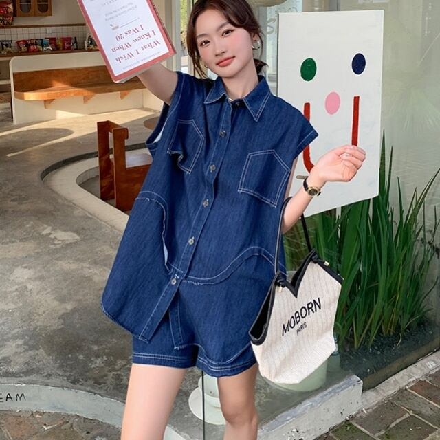 予約販売】セットアップ シャツ ショートパンツ デニム 上下