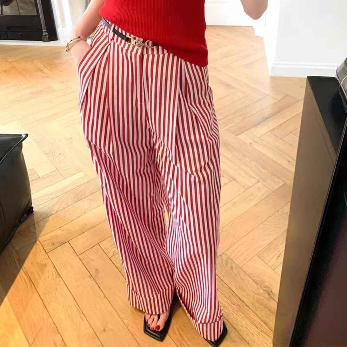 french red striped high waist wide leg pants ＜p1009958＞ | pluscolor