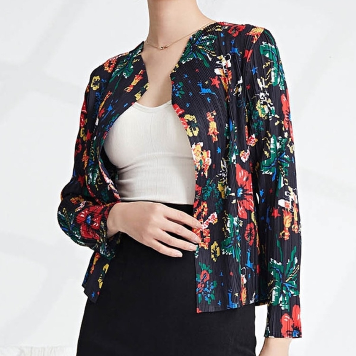 【TR3071】Floewr Pleats No-collar Jacket | Tommorch