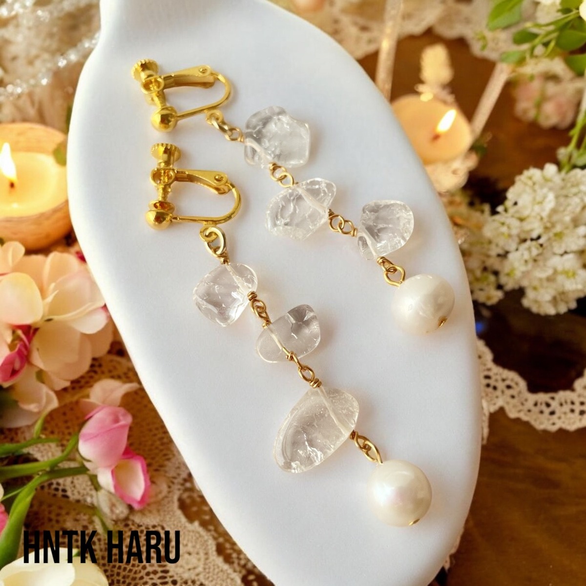 HNTK 大粒淡水パール＆クラッククリスタル イヤリングorピアス P0310 | hntkharu