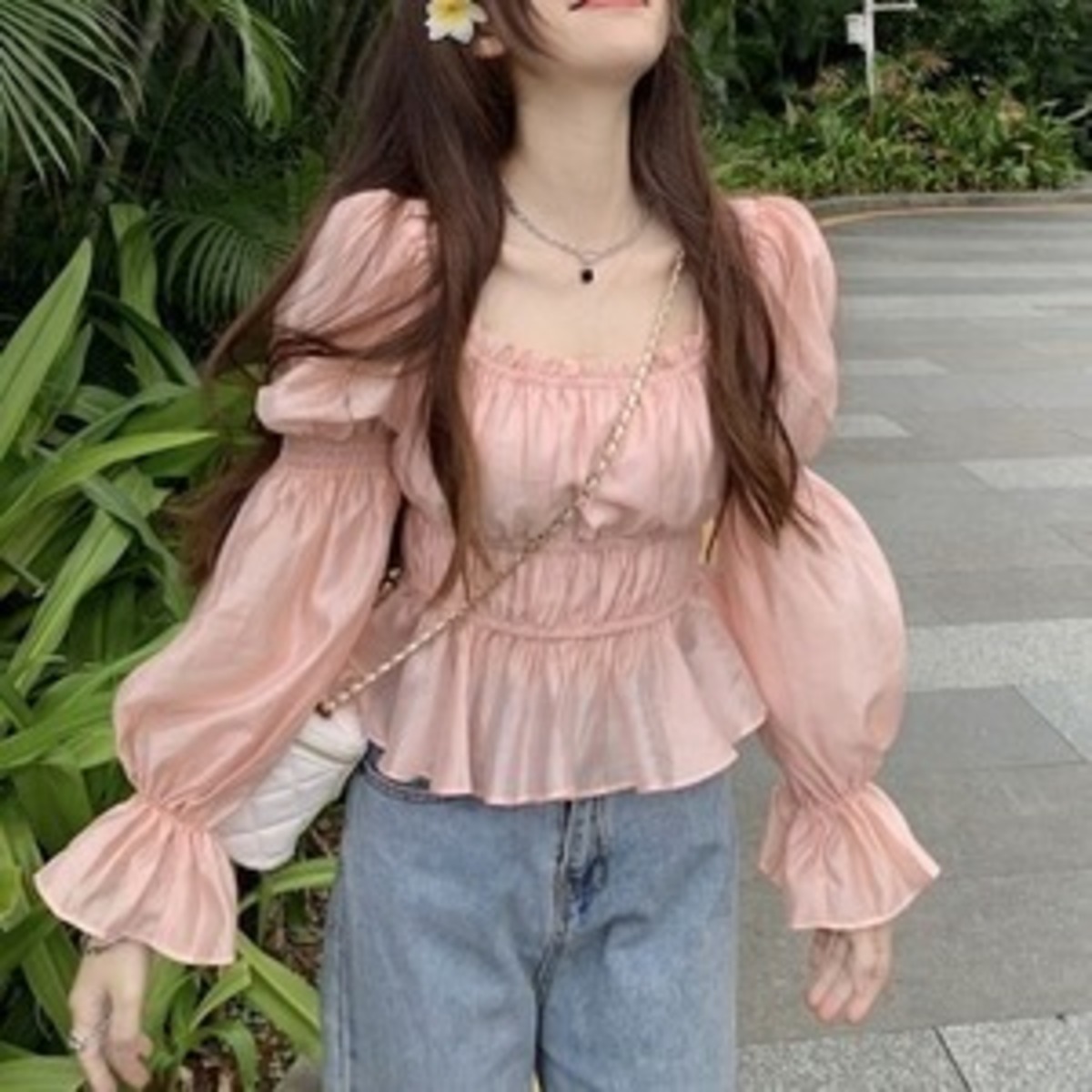 パフスリーブトップス ペプラムトップス スクエアネック ガーリー リゾート E213 | yoheipiano1