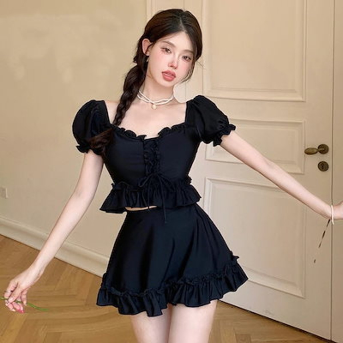 夏新作 水着 ワンピース水着 2点セットビキニ 体型カバー レディース モノキニ ママ水着 体型カバー水着 フリル 黒 無地 シンプル YY9 ...