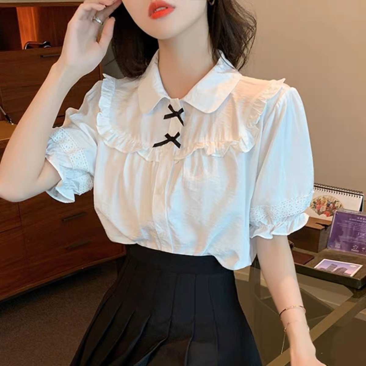 bib detail ruffled blouse A0208 | frenty