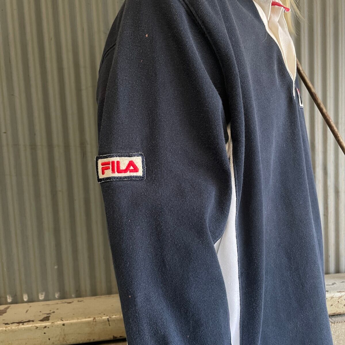FILA フィラ ロゴ ワッペン ラガーシャツ メンズL 古着 ネイビー 紺 ホワイト 白 レッド 赤【長袖シャツ】【4S-50 ...