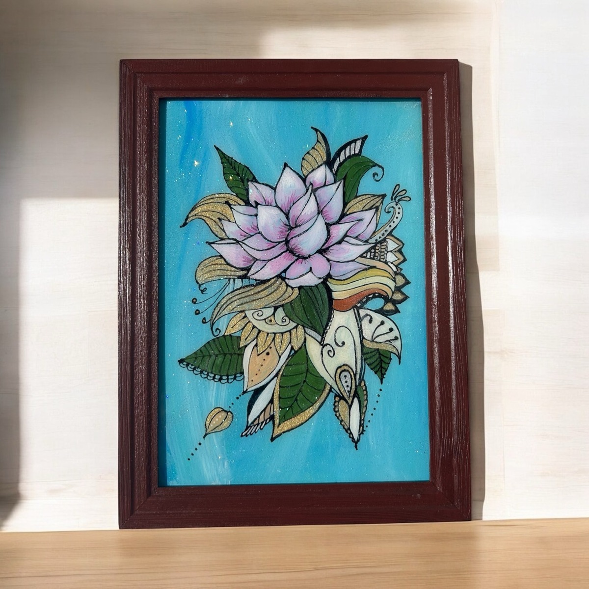 【原画販売】送料無料ロータス・蓮の絵レジン｜A5サイズインテリアアート（RO-3） | MAYACRAFT ペット似顔絵・アジアンアート雑貨セレクトショップ