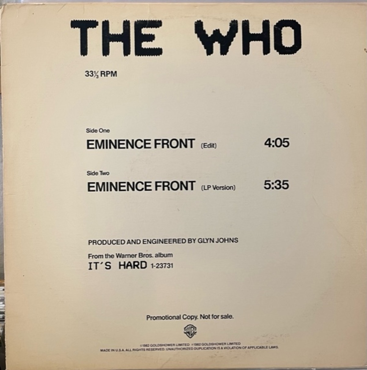 THE WHO "EMINENCE FRONT" US PROMO ONLY12" | EAD RECORD