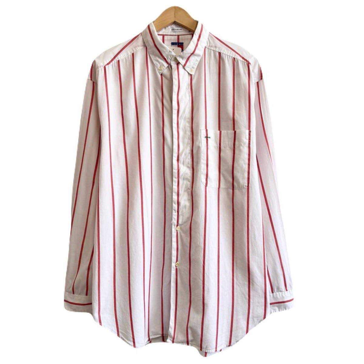 80's TOMMY HILFIGER トミーヒルフィガー 初期タグ ボタンダウンシャツ コットンシャツ ストライプ ポケット付き 長袖シャツ ...