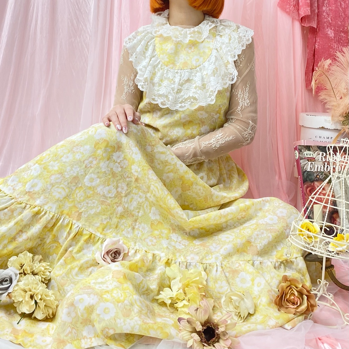 70's chest frills yellow flower maxi dress | Powder Vintage