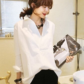 ブラウス シャツ レディース トップス 白シャツ ロング丈 長袖 Vネック