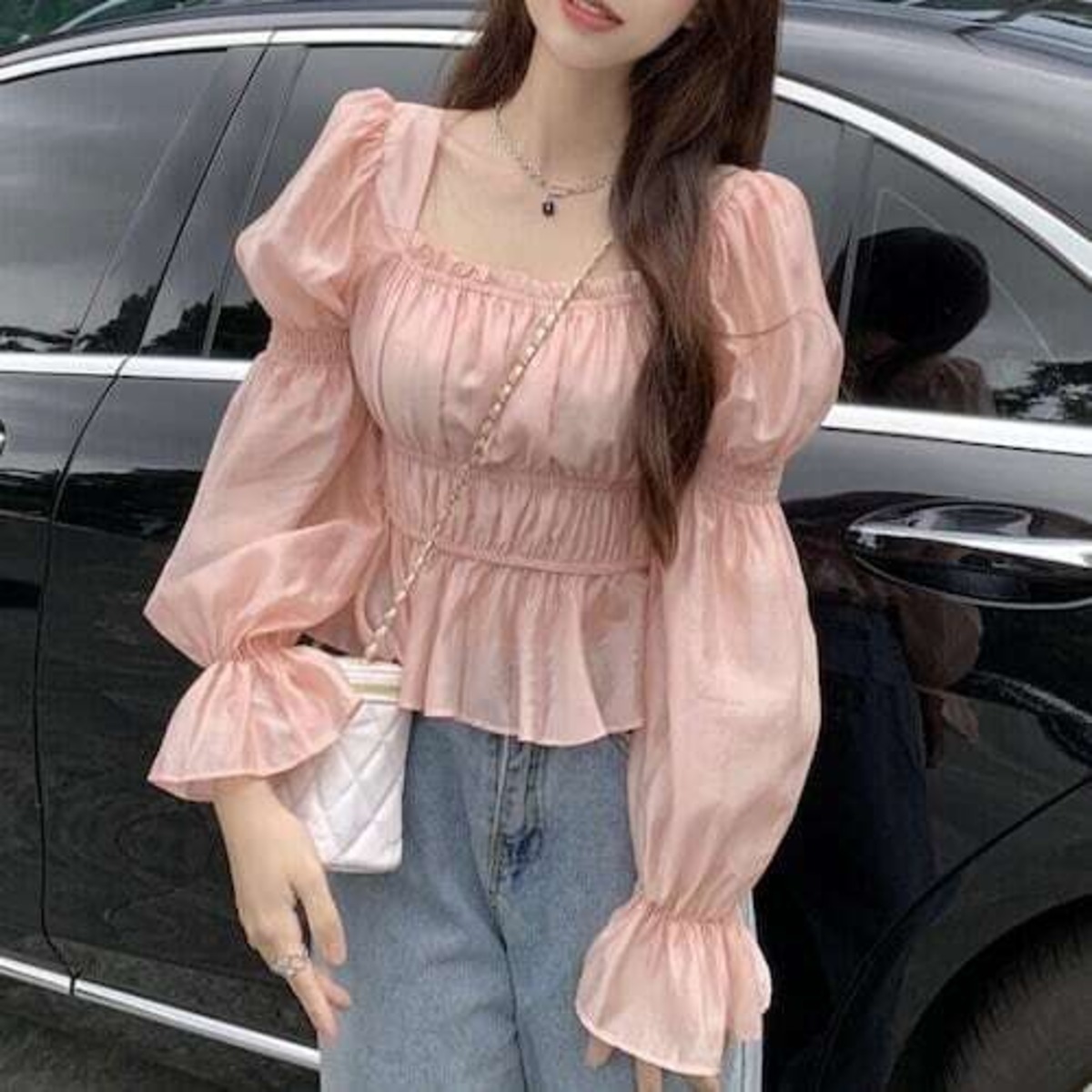 パフスリーブトップス ペプラムトップス スクエアネック ガーリー リゾート E213 | KaNaE