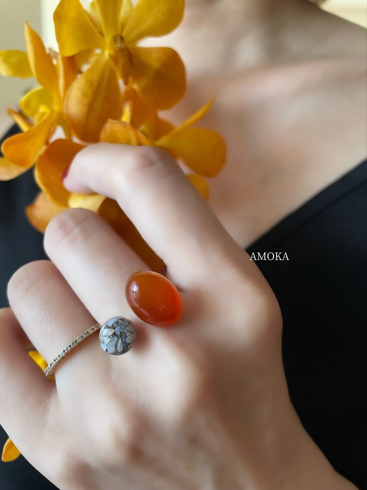 【秋色】艶と透明感が可愛い オレンジカーネリアン×コッパーオパール 秋リング | AMOKA