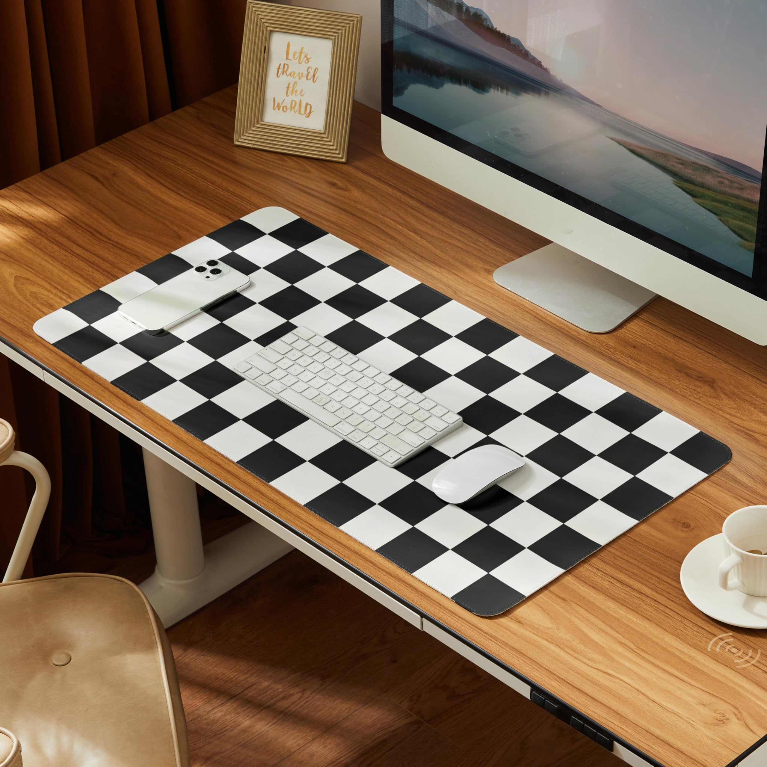 OHOCUT CHECKERED DESK MAT、31.5 "x 15.7"大きなかわいい黒い白い美学レトロレザーコンピューターラップトップ ...