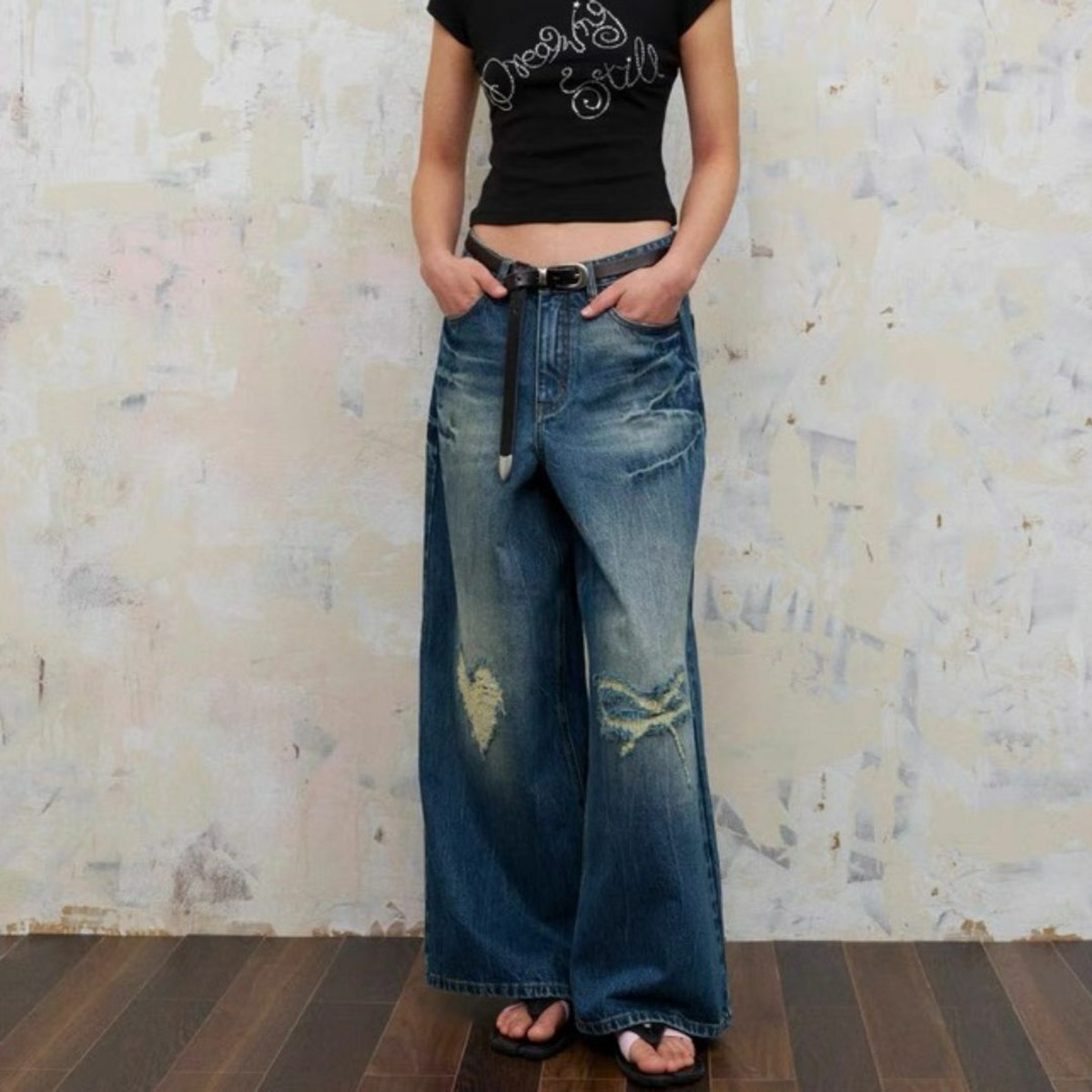 TakeCare ハート リボン ダメージ デニム ワイド ヴィンテージ ブルー | Uturi -日本未入荷 海外ブランドアイテム セレクト ...