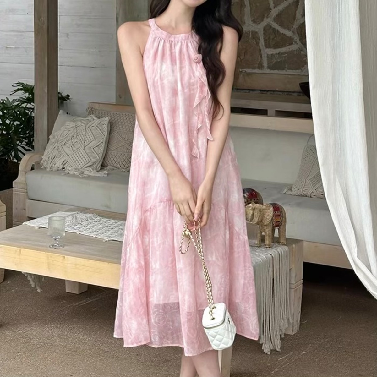 シアー素材タイネックAラインワンピース A00487 | SproutStyle