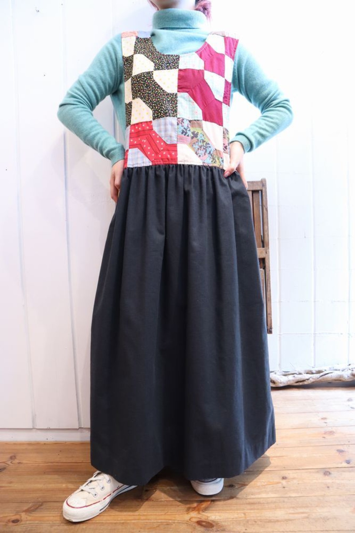 70s black×red×colorful patchwork switching sleeveless dress [l-41403] | Fizzvintage