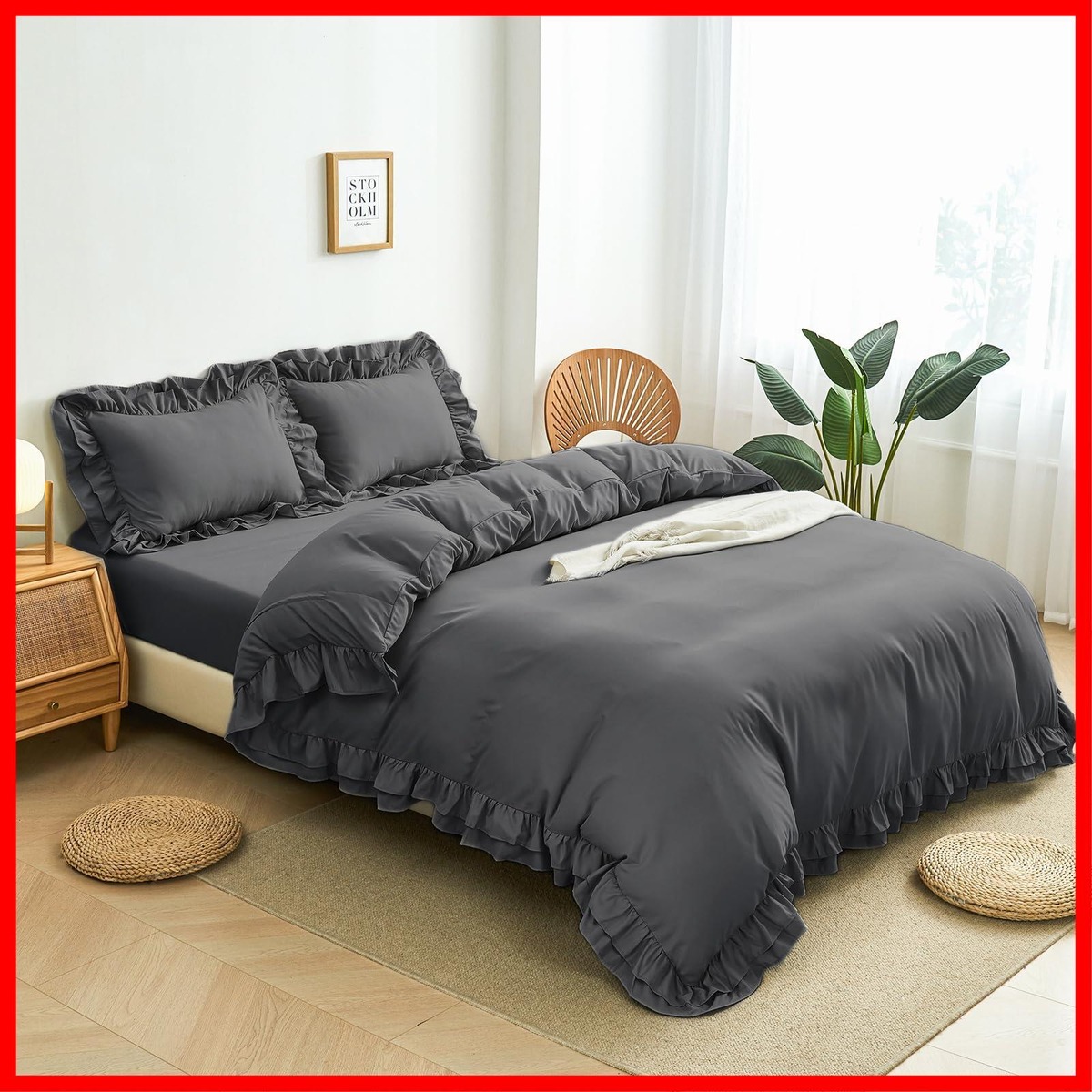 HOdo Home 布団カバー ダブル 4点セット 掛け布団カバー ベッドカバー 枕カバー ベッドシーツ ボックスシーツ 洋式・和式兼用 寝具カバーセット 二層フリル付き ピーチスキン加工 ...