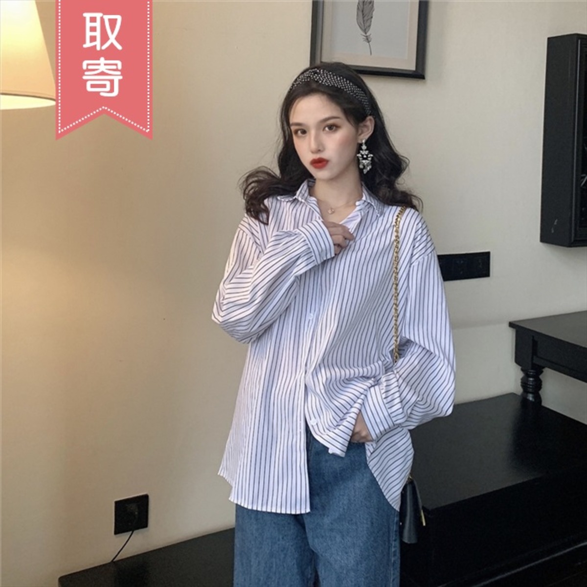 ストライプ 長袖 シャツ メンズライク カジュアル ミドル丈 レディース こなれ感 抜き襟 オフィスカジュアル ※【取寄：発送目安14-21日 ...