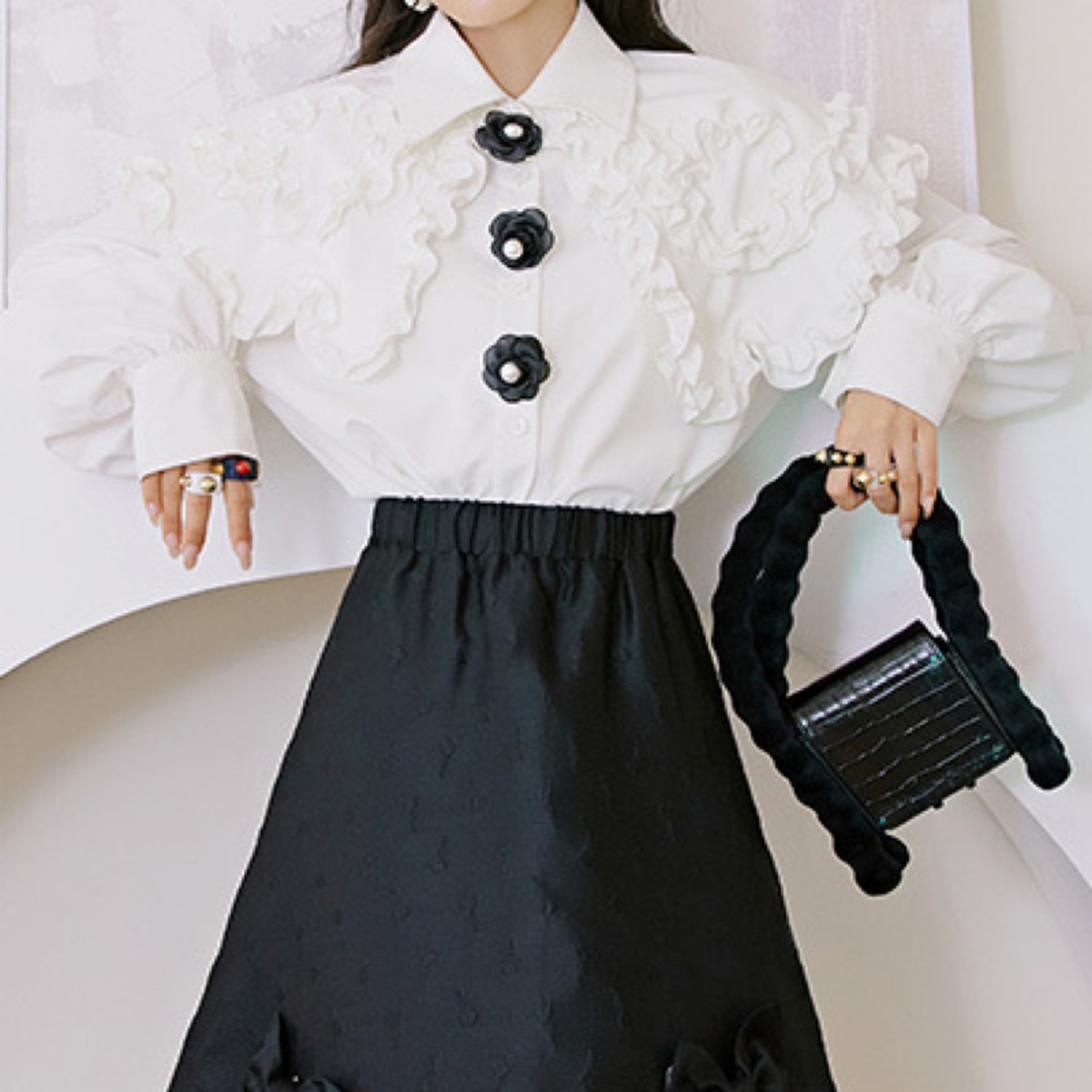 retro girly flower button and lace collar white shirt 0876 | TRUENTE