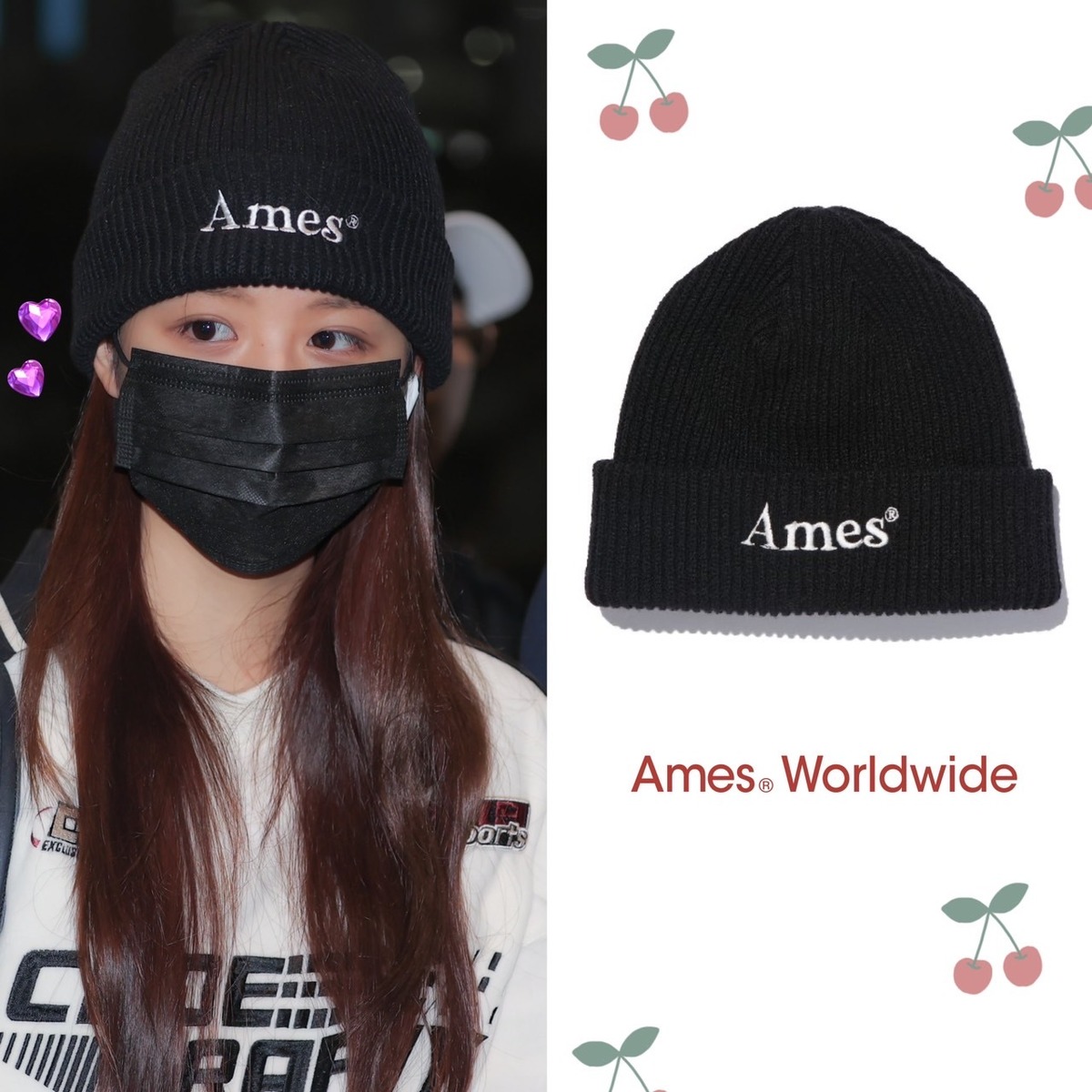 ★NMIXX ソリュン 着用！！【AMES-WORLDWIDE】COLORED LOGO BEANIE_BK | もごつ