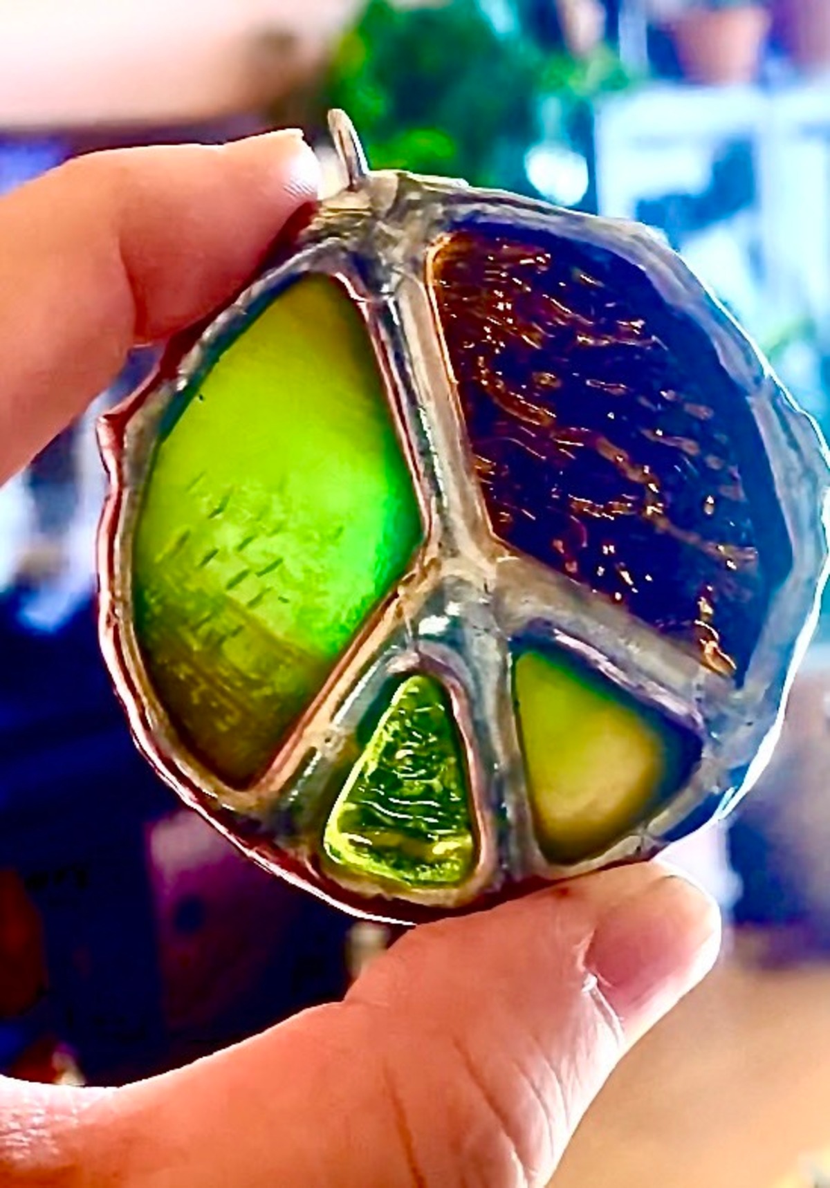 Stained glass Sun catcher Peace sign Turquoise green x Amber S size ...