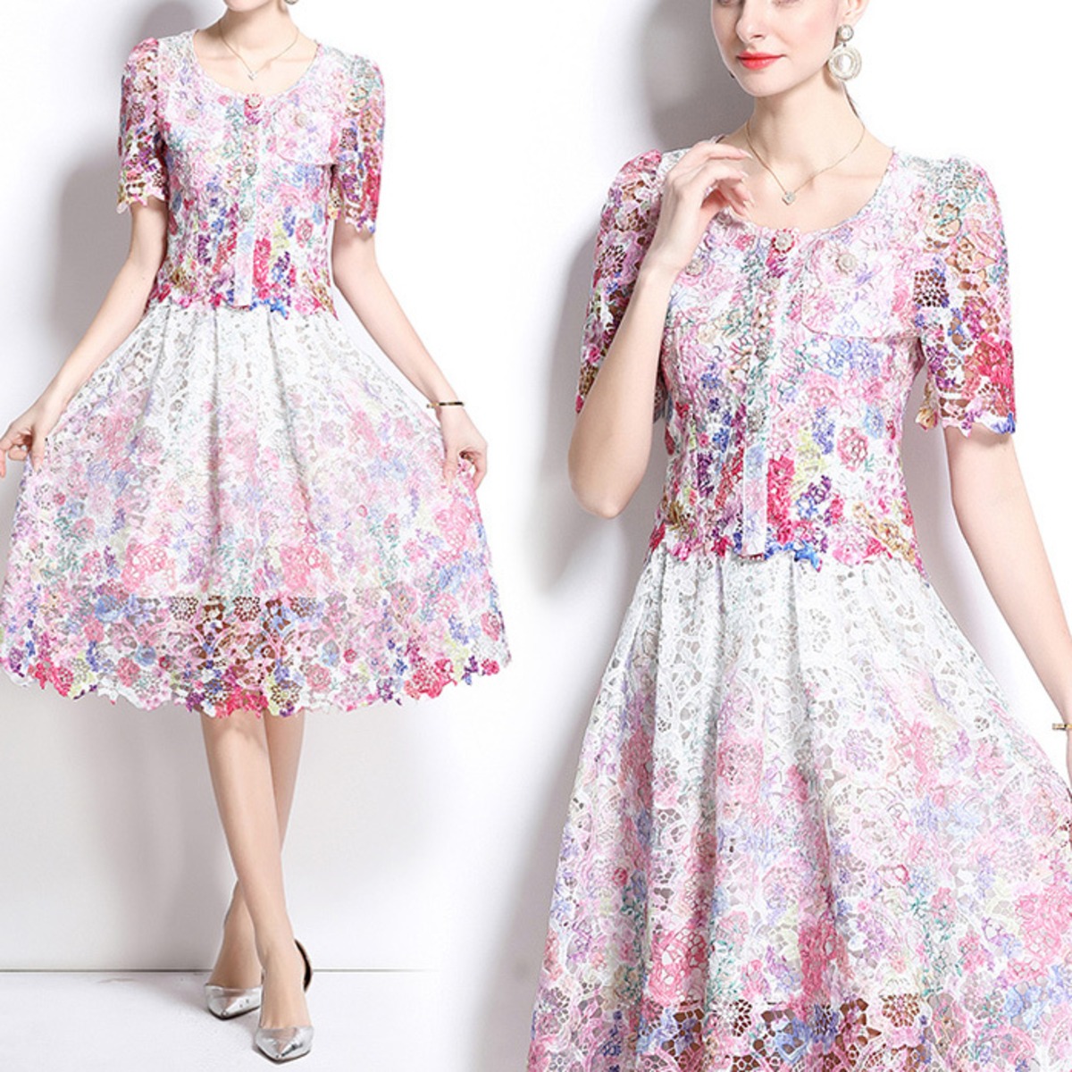 送料無料 D2291 レース フラワー パールボタン 前開き 半袖 ブラウス & レース フレアスカート セットアップ 《 ホワイト×ピンク》上下セット ツーピース 2点セット セット コーデ ...