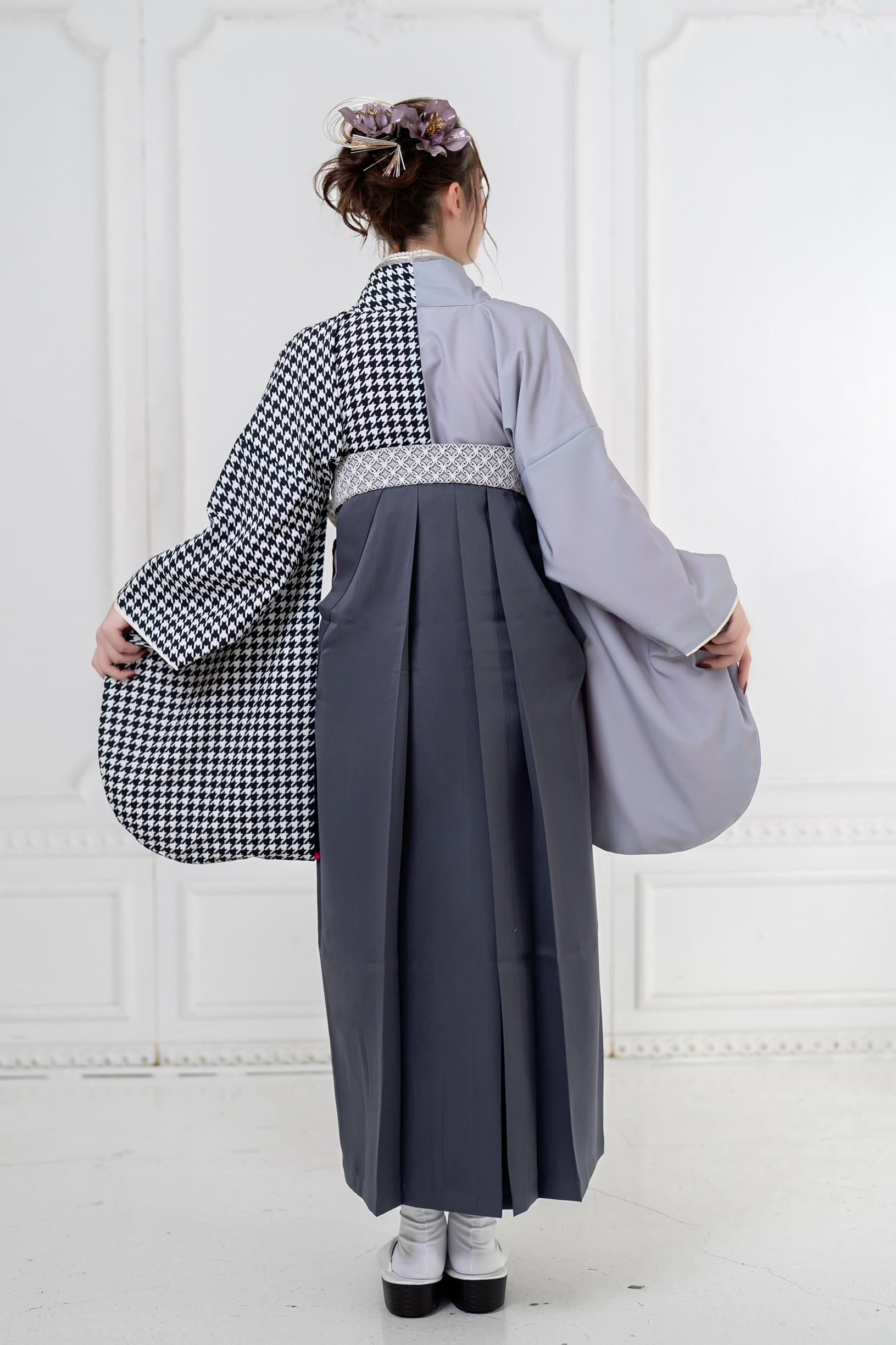 Kimono Sienne 卒業式袴3点セット 白 黒 グレー モノトーン 千鳥格子