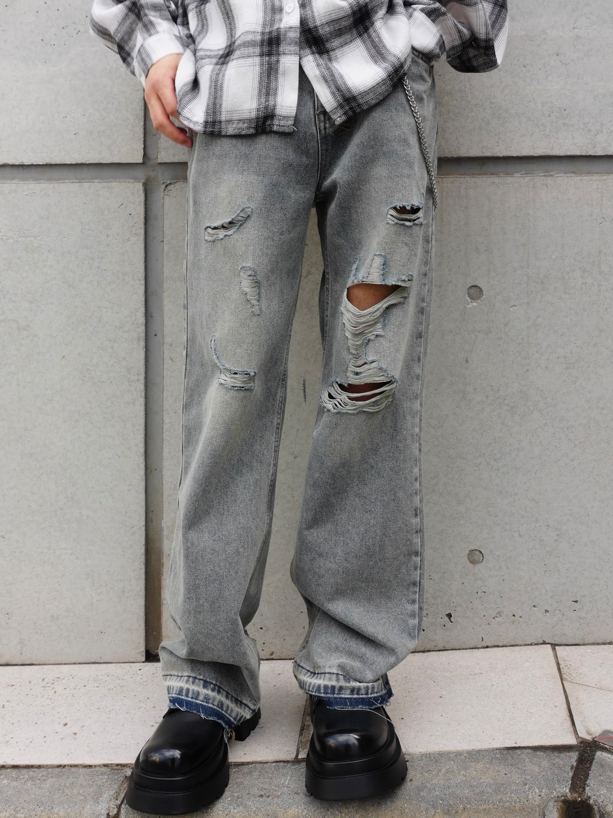 【ALUDE SELECT】 cut off damage straight denim | 【ALUDE】韓国メンズファッション