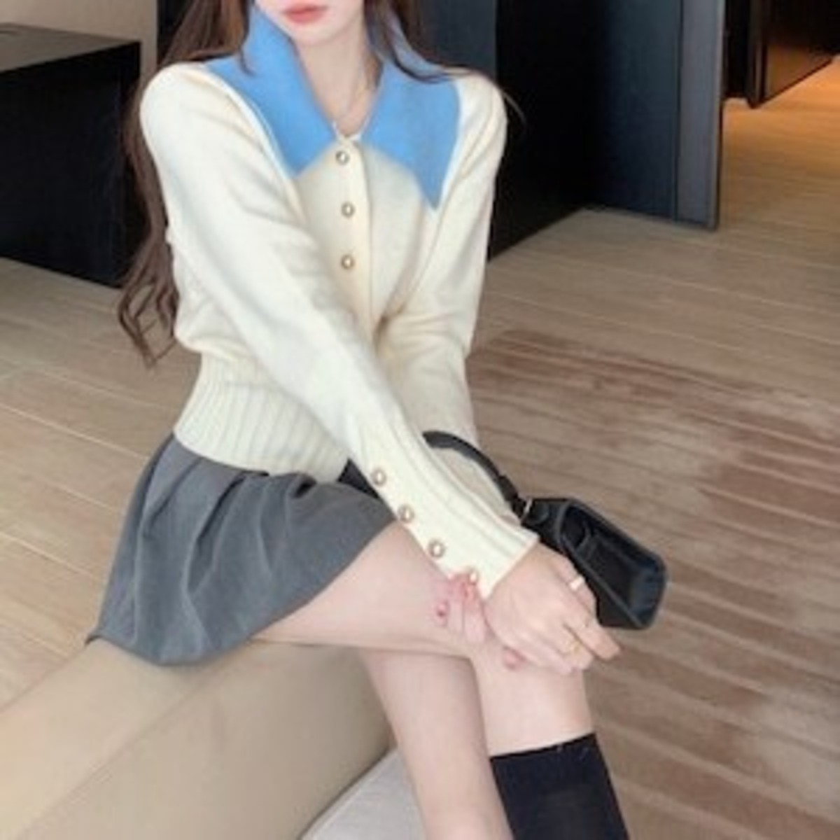 ビッグカラーカーディガン バイカラー ゴールドボタン フェミニン E739 | yoheipiano1