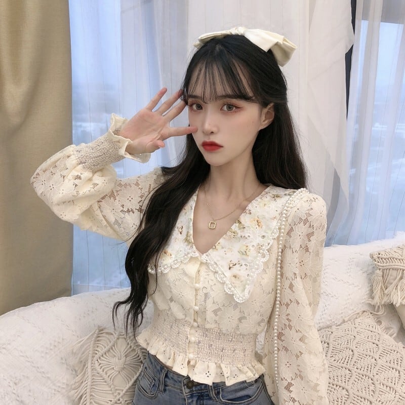 サイズが選択可) トップス シャツ ブラウス レース 長袖 襟付き