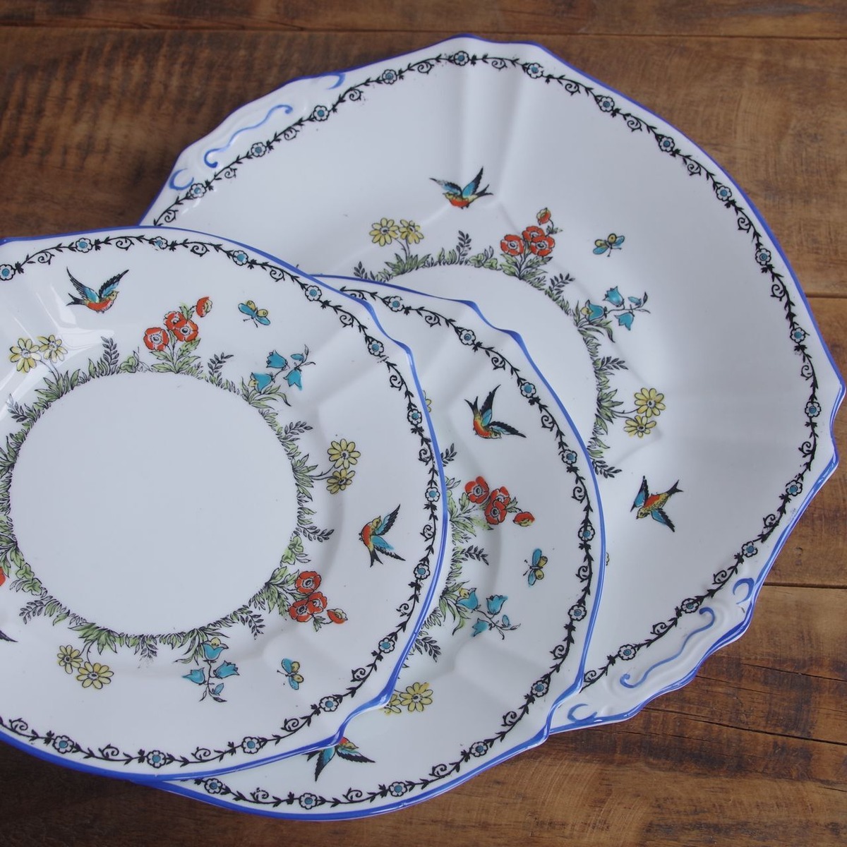 3枚セット コーリングウッド つばめ 花 蝶 お皿 24cm 18cm 持ち手付き 盛り皿 ケーキ皿 デザートプレート Collingwood #250425 アンティーク食器 イギリス ...