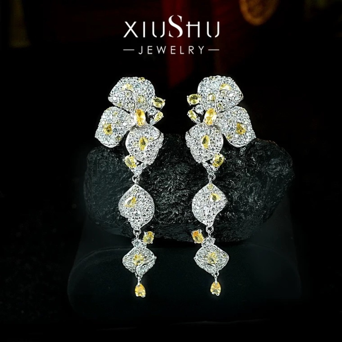 フラワー イエロー 高炭素ダイヤモンド キラキラ ゴージャス ラグジュアリー 白 ロングピアス 花 黄色 | XIUSHU