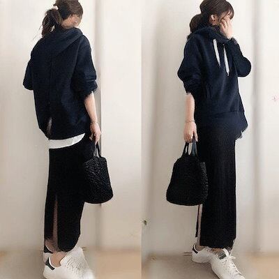 【2点ご購入で2OO円OFF!】日本の2024秋冬新作ネイビーブルーのフード付きスウェットシャツ+黒のスカート | Pay ID