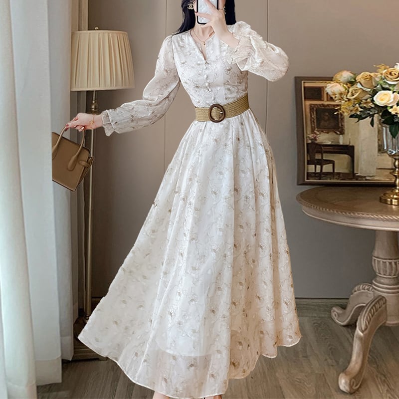 Aivimoシリーズ】ワンピース ベルト付き 文芸風 清新 花柄 Aivimoシリーズ】ワンピース ベルト付き 文芸風 清新 花柄