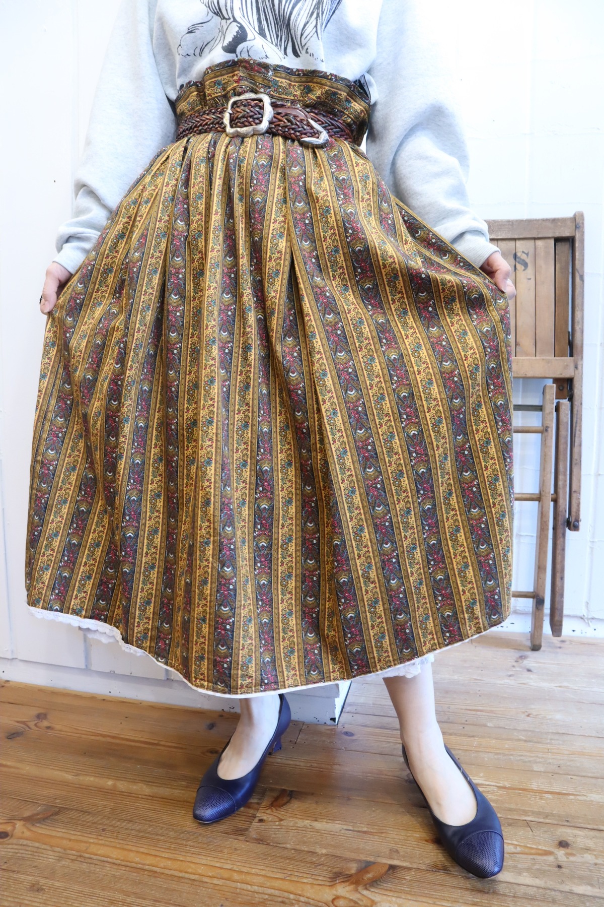 mustard×brown stripe & flower pattern tyrol skirt [l-4076] | Fizzvintage