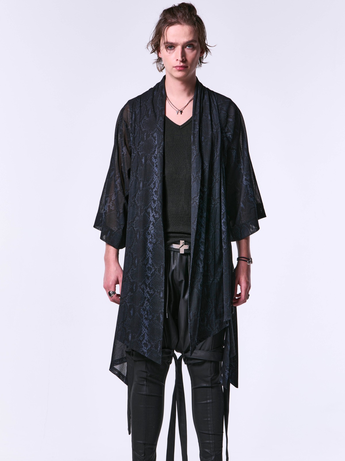 Python Mesh KIMONO-Sleeve Cardigan (Black&Gray) | DETRUIRE