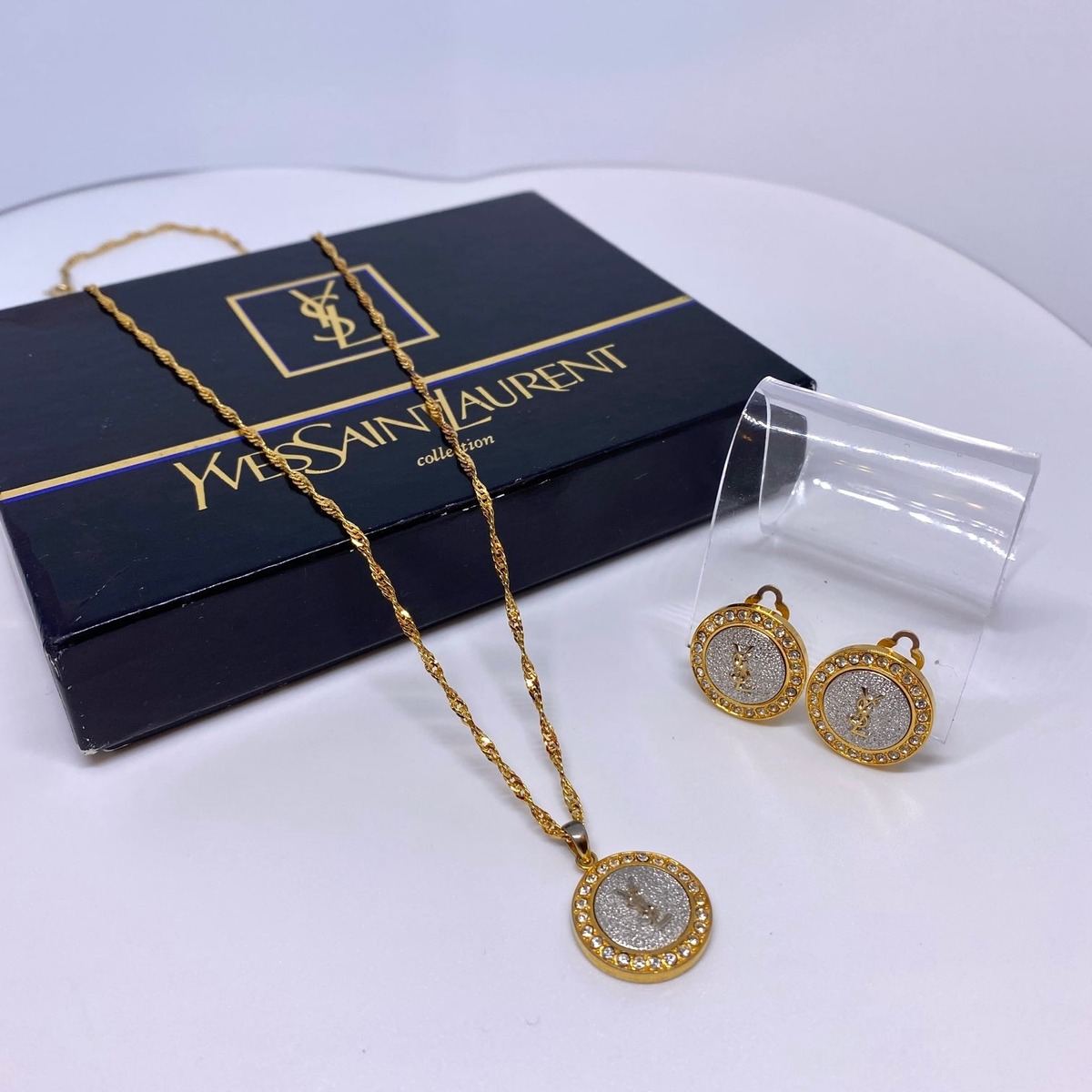 YSL "Rhinestone×Circle Logo" Earclip & Necklace Set | CARBOOTS