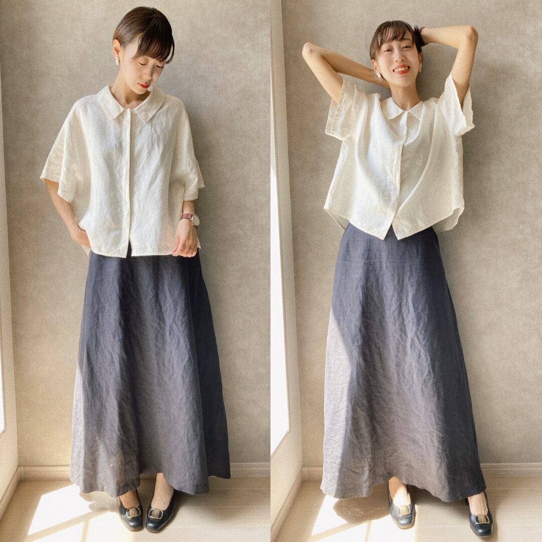 リネンのロングフレアスカート（裏地付き）Mサイズ リネン100% color : チャコールグレイ | itoa.n.