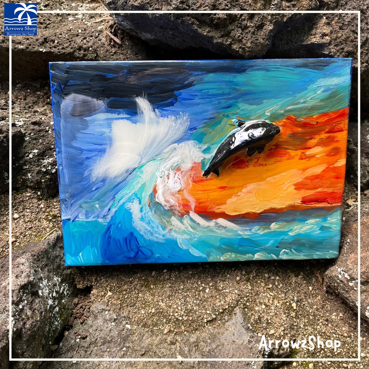 【KN18】レジンアート イルカ子 海アート 海レジンアート インテリアパネル 夕日 | Arrowz.Shop