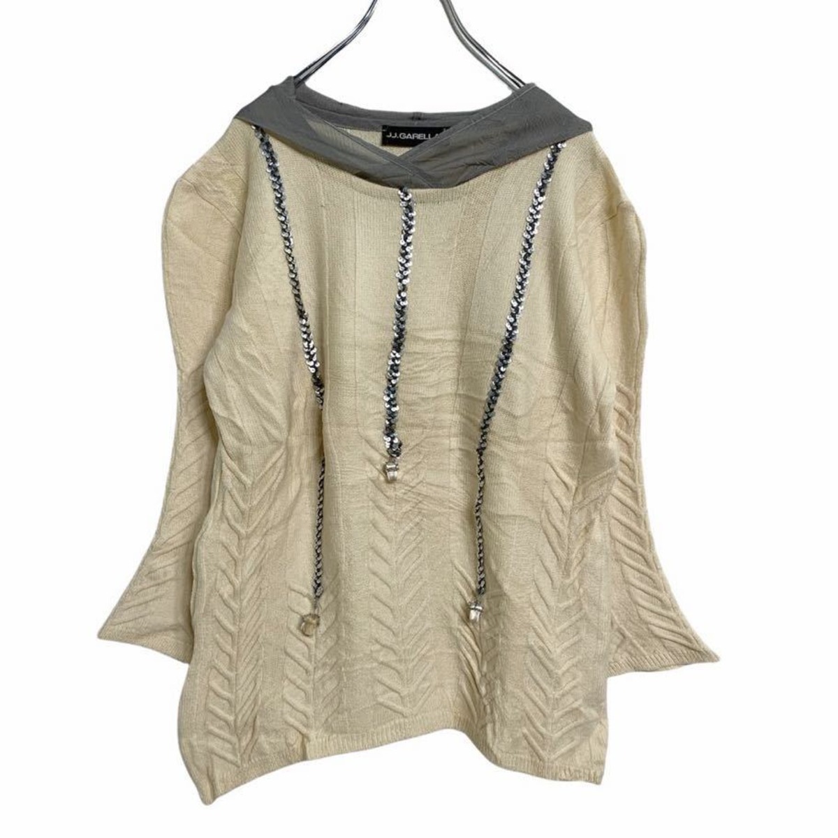 JJ.GARELLA ニットセーター ウィメンズ L〜 アイボリー スパンコール シフォンフード 古着卸 アメリカ仕入れ a401-5339 ...