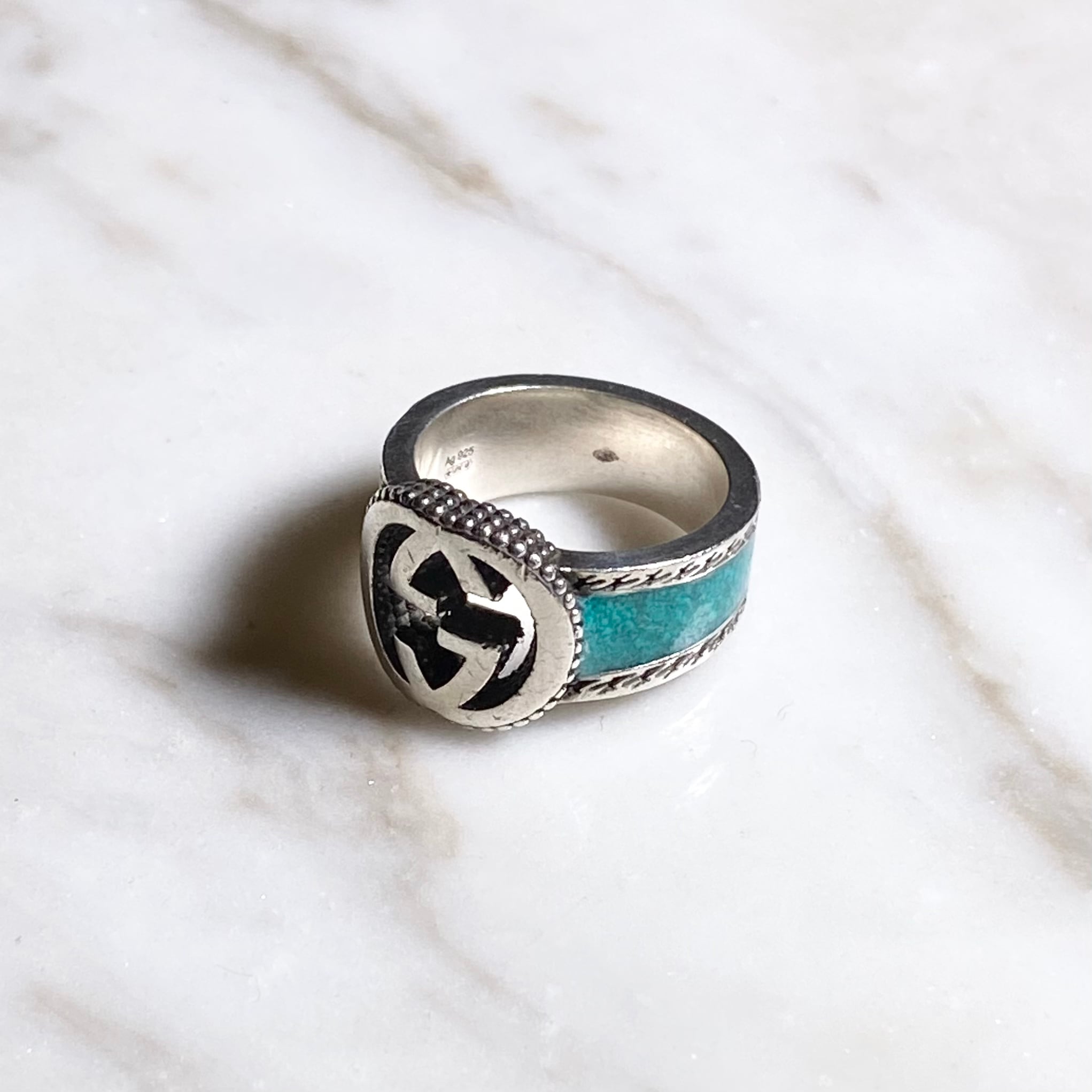 GUCCI silver “interlocking G” ring with turquoise color | NOIR ONLINE