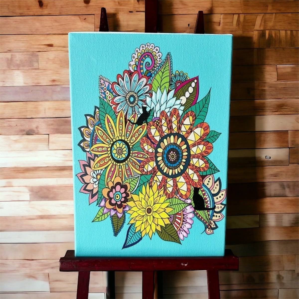 【送料無料】トライバルアジアンフラワー×黒猫キャンバスアートパネル ミント（ターコイズ） インテリア SMサイズ | MAYACRAFT ペット似顔絵・アジアンアート雑貨セレクトショップ