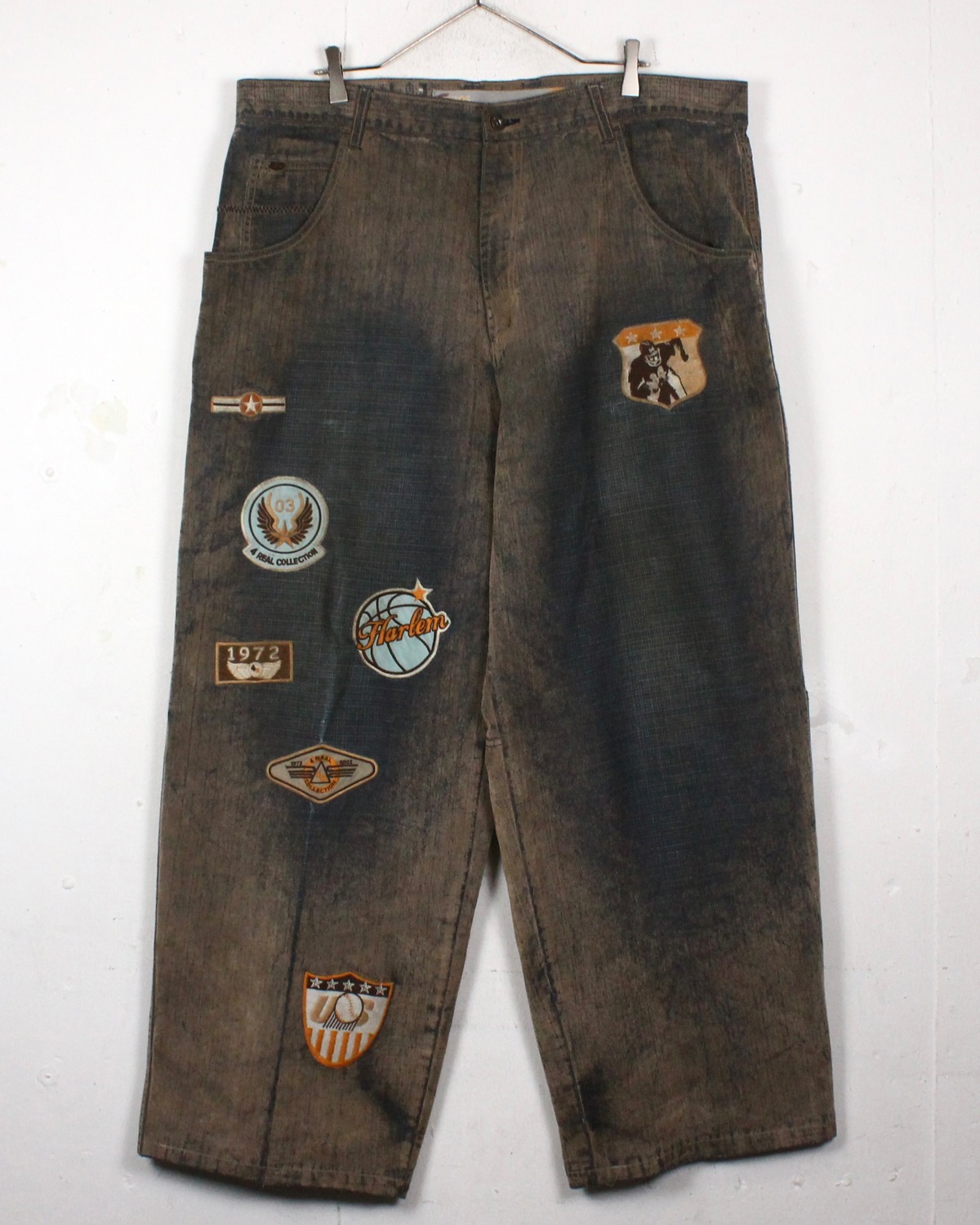 【Caka act2】Multi Patch Design Vintage Flocky Baggy Denim Pants | Caka ...