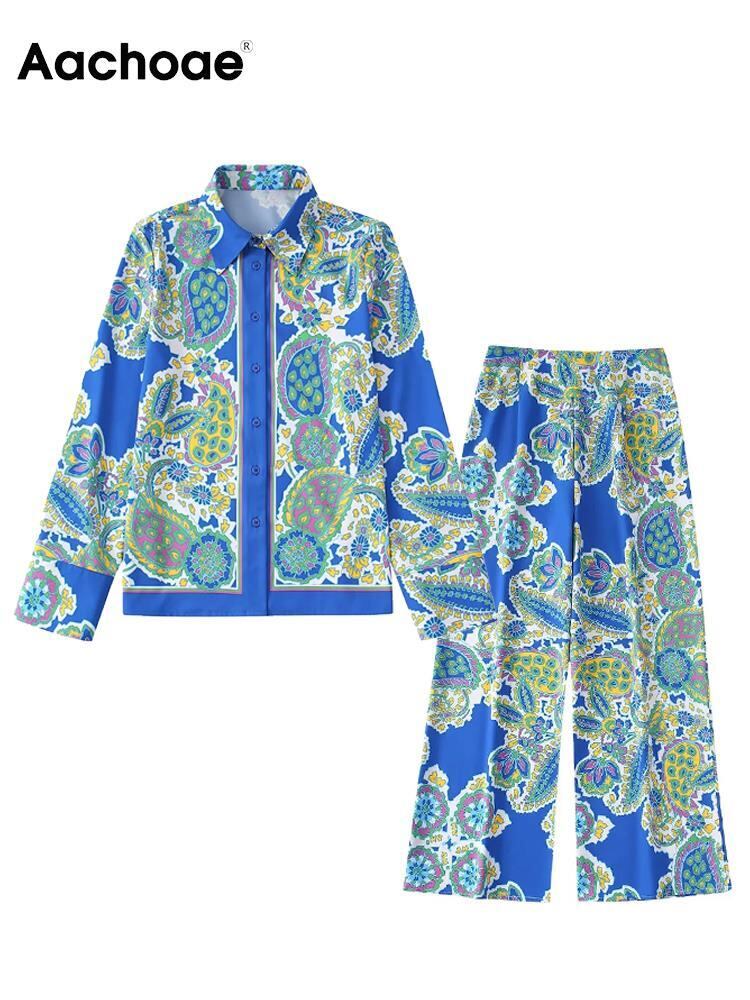 Aachoae ツーピースセット花柄プリント長袖ターンダウン襟ブラウスシャツウエストワイドレッグパンツ ロング ワイドパンツ | Pay ID
