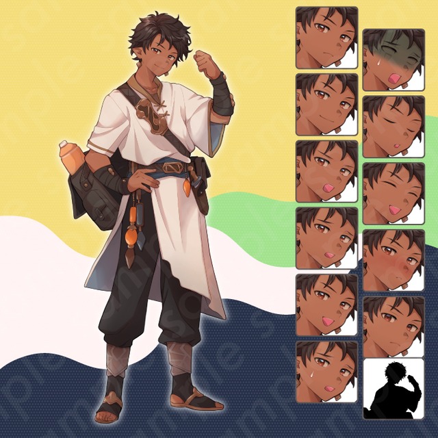 【立ち絵素材】盗賊や冒険者風の褐色茶髪男性のイラスト・ファンタジー系・ホビット・ハーフフット・全身表情11種＋α | POMPACK